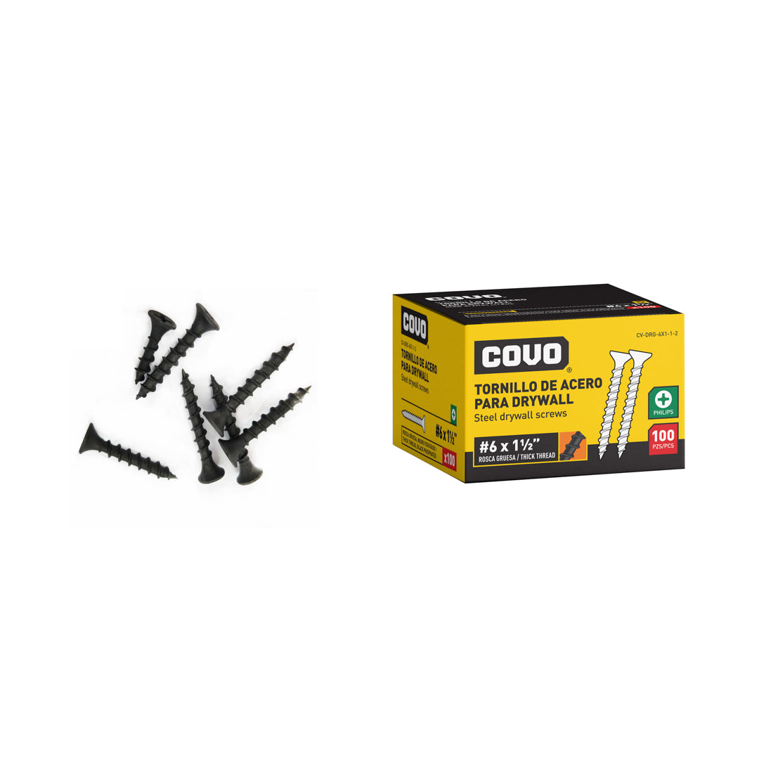 TORNILLO DE ACERO COVO PARA TABLA YESO 6X1 1/2" 100 PZA ROSCA ORDINARI ...